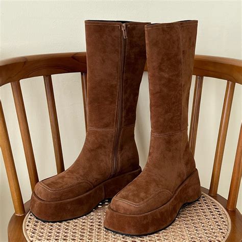 통굽6cm225~230 키높이 롱부츠 스퀘어 롱워커 사각 골덴 가보시 스웨이드 골지 지퍼 어그 앵클 웨스턴 미들 첼시 퍼 양털 뽀글이 겨울 기모 스판 하비 빅사이즈 마랑 신발