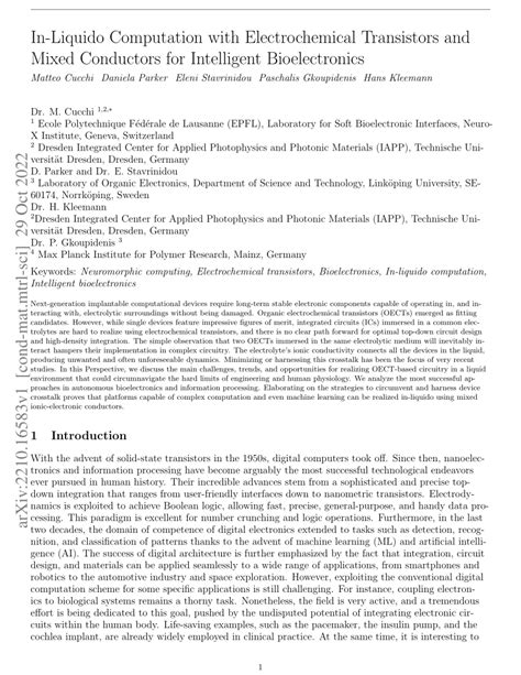 Pdf In Liquido Computation With Electrochemical Transistors And Mixed Conductors For