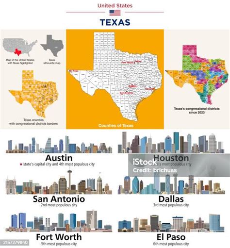 텍사스 카운티 지도 및 2023년 이후 하원의원 선거구 지도 오스틴 휴스턴 샌안토니오 댈러스 포트워스 엘패소 도시의 스카이라인 벡터 세트 텍사스에 대한 스톡 벡터 아트 및