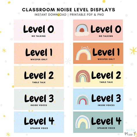 Printable Noise Level Display Signs Organic Rainbow Classroom Setup