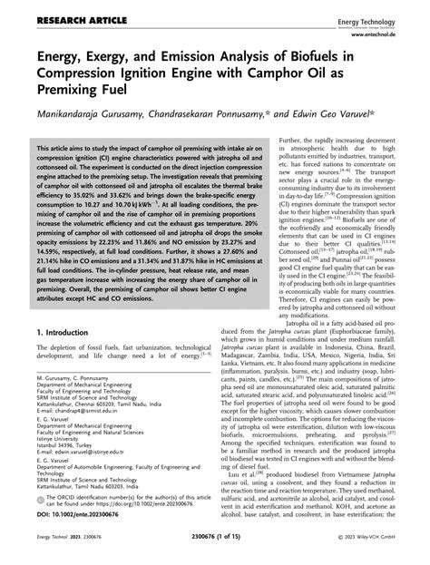 Energy Exergy And Emission Analysis Of Biofuels In Compression Ignition Engine With Camphor