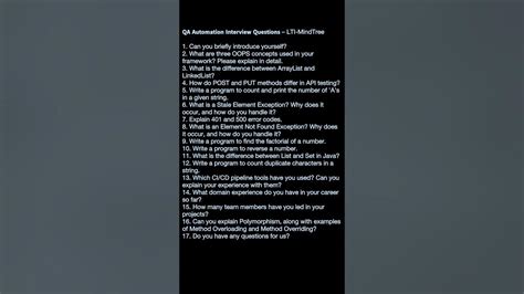 Latest Lti Mindtree Round 1 Interview Questions Asked For Automation Qa Java Sdetqa