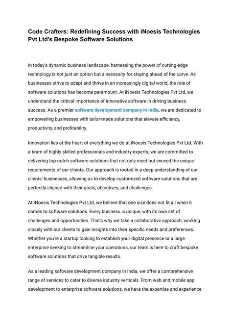 Ppt Code Crafters Redefining Success With Inoesis Technologies Pvt Ltds Bespoke Software