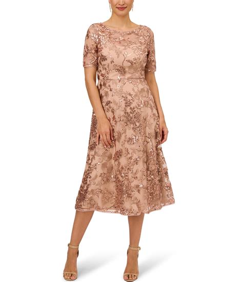 Adrianna Papell Petite Size Short Sleeve Crew Neck Sequin Embroidered