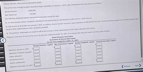 Solved Partner Bonuses Statement Of Partnership Equitythe