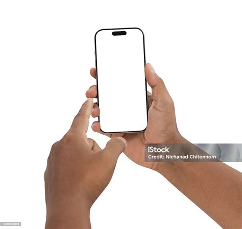 고립 된 흰색 배경에 빈 화면의 모형이있는 검은 색 스마트 폰을 들고 손 클리핑 경로 Brand Name Online Messaging Platform에 대한 스톡 사진 및
