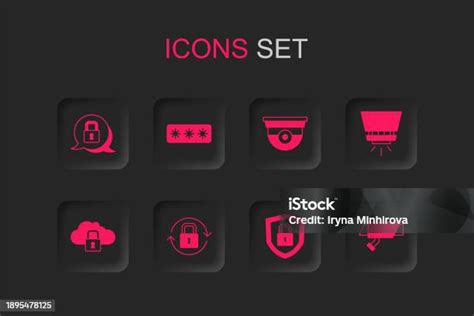 잠금 암호 보호 잠금 장치가 있는 방패 보안 화재 스프링클러 시스템 보안 카메라 및 클라우드 컴퓨팅 아이콘을 설정합니다 벡터 감시에 대한 스톡 벡터 아트 및 기타 이미지