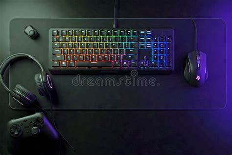 RGB Gaming Desk Setup With Mechanical Keyboard And Headset AI Stock