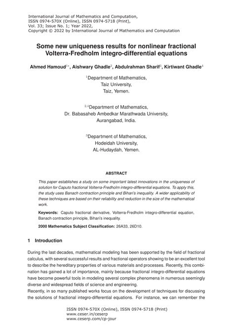 Pdf Some New Uniqueness Results For Nonlinear Fractional Volterra Fredholm Integro