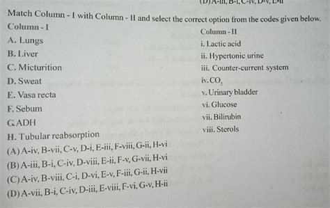 Match Column I With Column Ii And Select The Correct Option From The