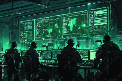Strategic Military Planning In High Tech Command Center Illustration Of Soldiers Discussing