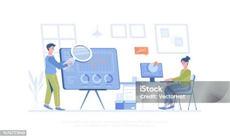 빅 데이터 분석 비즈니스 통계 연구 분석가는 차트 그래프 데이터베이스를 분석합니다 배너 웹사이트 디자인 방문 페이지에 대한 만화