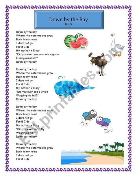 Down By The Bay Song And Rhyming Activity Esl Worksheet By Winterkanbcold