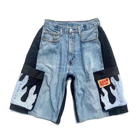Custom Denim Wash Blue And Black Patchwork Cargo Shorts Mens Jorts