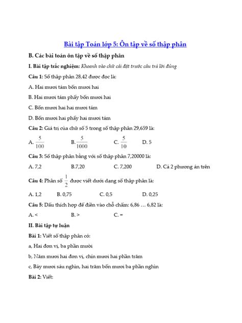 Bai Tap On Tap Ve So Thap Phan Lop 5 Pdf