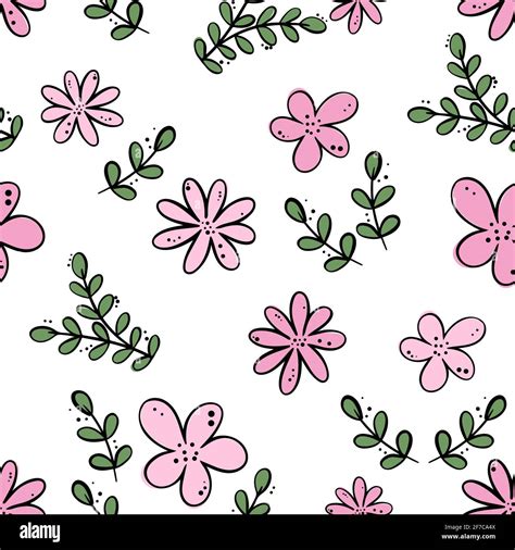 Seamless Continuous Pattern With Flowers And Leaves Drawn Pink Flowers
