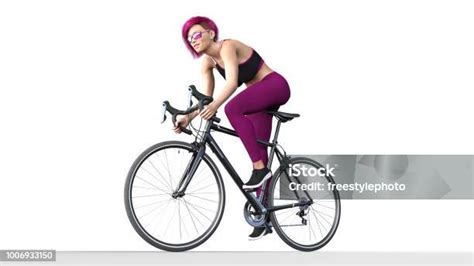 자전거 스포츠 옷 흰색 배경 3d에 자전거를 타고 운동 여자에 보라색 머리 여자 렌더링 속도에 대한 스톡 사진 및 기타 이미지 속도 자전거 타기 타기 Istock