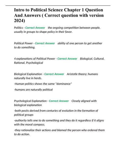 Intro To Political Science Chapter 1 Question And Answers Correct Question With Version 2024