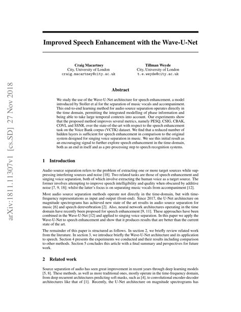 Pdf Improved Speech Enhancement With The Wave U Net