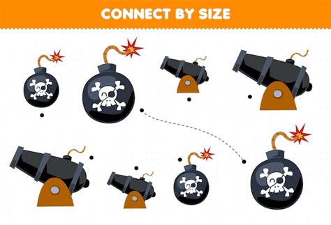 아이들을 위한 교육용 게임은 귀여운 만화 대포와 폭탄 인쇄 가능한 해적 워크시트의 크기로 연결됩니다 프리미엄 벡터