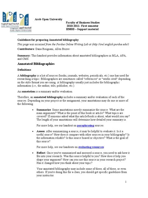 Annotated Bibliographies This Page Was Accessed From The Purdue Online Writing Lab At