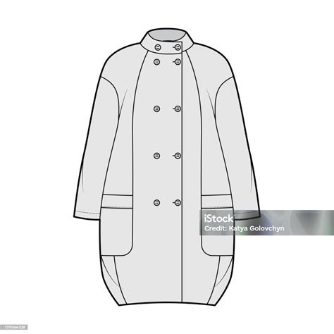 긴 드롭 슬리브 더블 브레스트 오버사이즈 바디 무릎 길이가 있는 코쿤 코트 테크니컬 패션 일러스트 0명에 대한 스톡 벡터 아트 및 기타 이미지 Istock