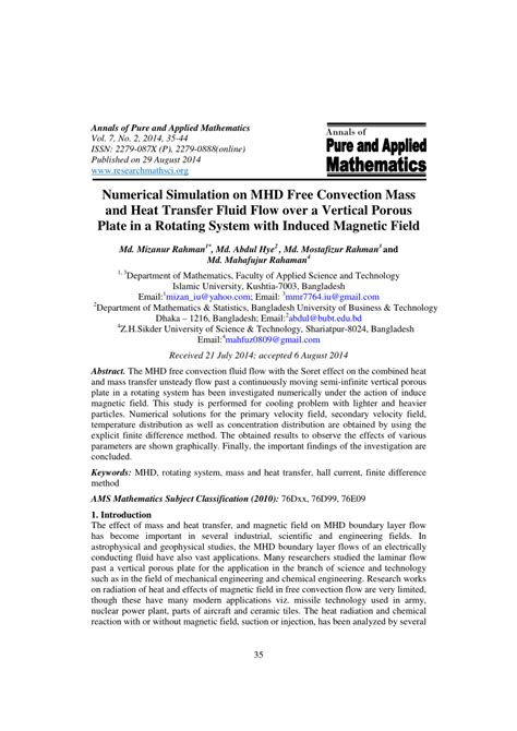 Pdf Numerical Simulation On Mhd Free Convection Mass And Heat Transfer Fluid Flow Over A
