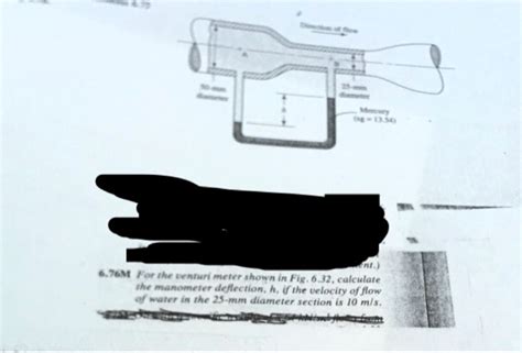 Solved 6 76m For The Venturi Meter Shown In Fig 6 32 Calculate The Manometer Deflection H