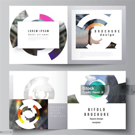 두 개의 표지 템플릿은 정사각형 디자인 폴드 브로셔 잡지 전단지 소책자에 대 한 벡터 레이아웃입니다 미래 지향적 인 디자인 원형 패턴 사진에 대 한 기하학적 프레임을 형성