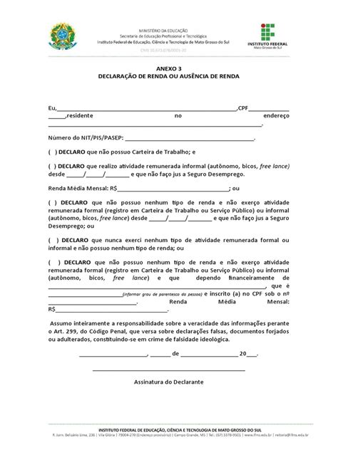 Anexo 3 Declaração De Renda Ou Ausência De Renda Informar Grau De