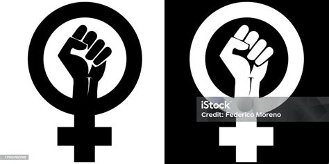 꽉 쥔 주먹을 가진 페미니스트 아이콘은 투명한 배경에 고립되어 있고 검은 배경에 찍혀 있습니다 0명에 대한 스톡 벡터 아트 및