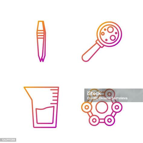 제조 라인 화학 공식 실험실 유리 제품 또는 비커 핀셋 및 미생물을 돋보기 아래 설정합니다 그라데이션 색상 아이콘입니다 벡터 0명에 대한 스톡 벡터 아트 및 기타 이미지