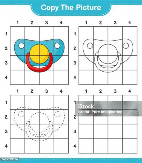그림을 복사하고 격자선을 사용하여 젖꼭지 그림을 복사하십시오 교육 어린이 게임 인쇄 가능한 워크 시트 벡터 일러스트 레이 션 0