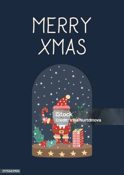 유리 돔 아래에 산타 클로스와 메리 크리스마스 카드 어두운 배경에 인사말 카드입니다 크리스마스와 새해 벡터 일러스트 레이 션 12월에 대한 스톡 벡터 아트 및 기타 이미지
