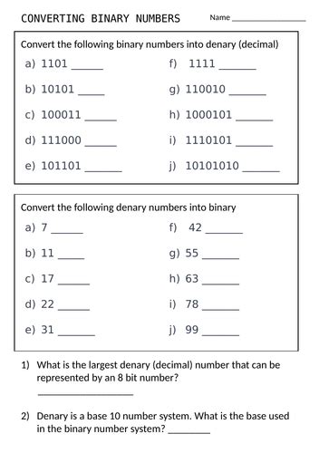 Computer Science Data Units And Binary Conversion Worksheets Bytes Kb