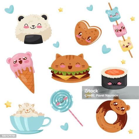 귀여운 귀여운 음식 만화 캐릭터 세트 디저트 과자 흰색 바탕에 패스트 푸드 벡터 일러스트 레이 션 롤리팝에 대한 스톡 벡터 아트 및 기타 이미지 Istock