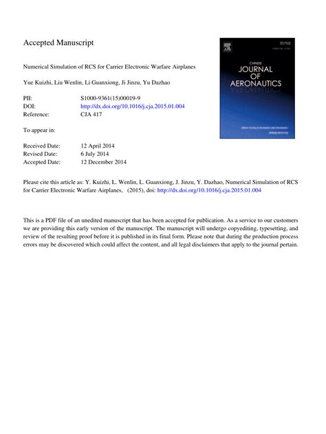 Pdf Numerical Simulation Of Rcs For Carrier Electronic Warfare Airplanes