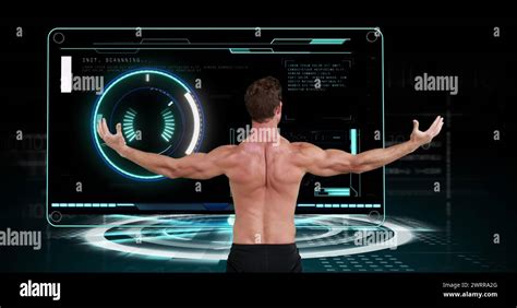 Image Of Strong Muscular Man With Scope Scanning And Data Processing Stock Photo Alamy