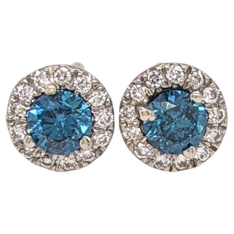 Blue Diamond Earrings W Natural Diamonds In Solid 14k White Gold Round