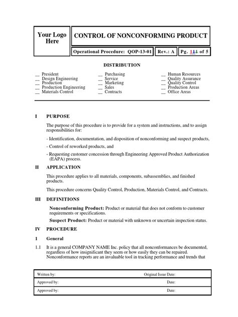Procedure For Control Of Non Conforming Products Pdf Quality Assurance Manufacturing And