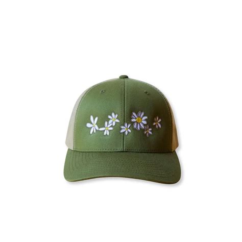 Daisy Trucker Snapback Hat Green Tan Hand Drawn Embroidered Flowers