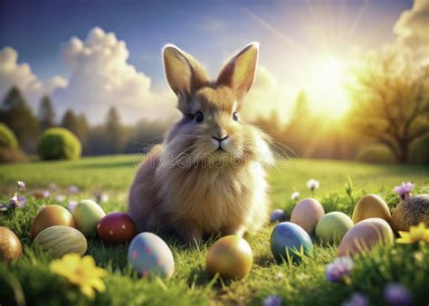 Adorable Easter Bunny In A Spring Meadow Candid Photography Of A