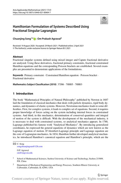 Hamiltonian Formulation Of Systems Described Using Fractional Singular