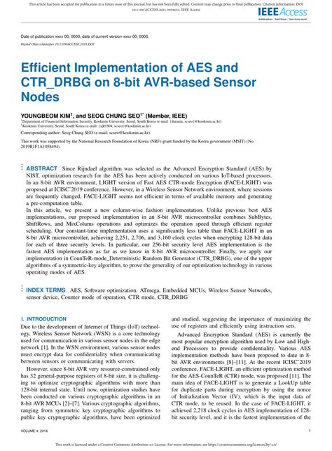pdf efficient implementation of aes and ctr drbg on 8 bit avr based sensor nodes