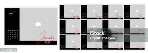 데스크톱 월간 사진 캘린더 2023 간단한 월간 수평 사진 달력 영어로 2023 년 레이아웃 커버 캘린더 12개월 템플릿 주간은 일요일부터 시작됩니다 벡터 일러스트 레이 션