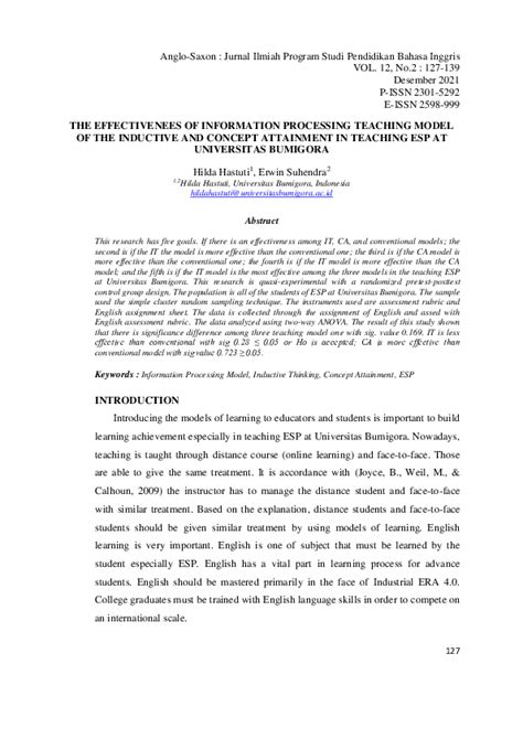 Pdf The Effectivenees Of Information Processing Teaching Model Of The Inductive And Concept