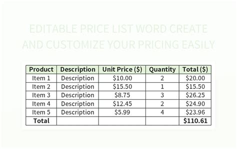 Editable Price List Word Create And Customize Your Pricing Easily Excel