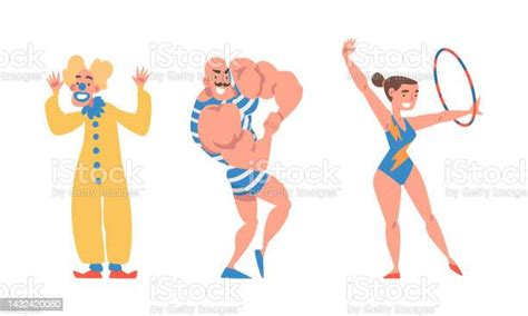 서커스 공연자 세트 스트롱맨 광대 공중 댄서 캐릭터 만화 벡터 일러스트 레이 션 공연자에 대한 스톡 벡터 아트 및 기타 이미지 공연자 괴력사 근육질 체격 Istock