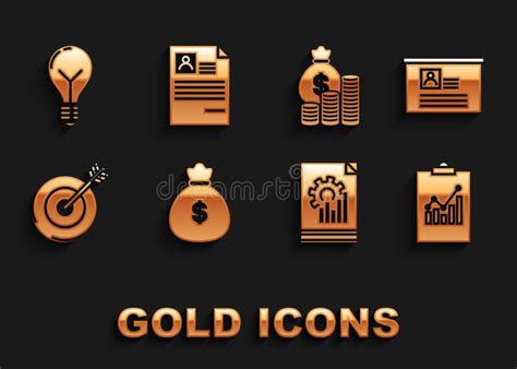 Set Money Bag Board With Resume Clipboard Graph Chart Document Target And Coin Light Bulb