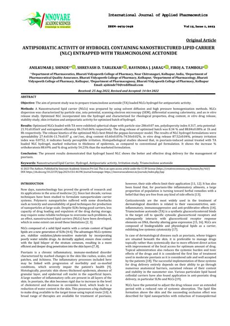 Pdf Antipsoriatic Activity Of Hydrogel Containing Nanostructured Lipid Carrier Nlc Entrapped